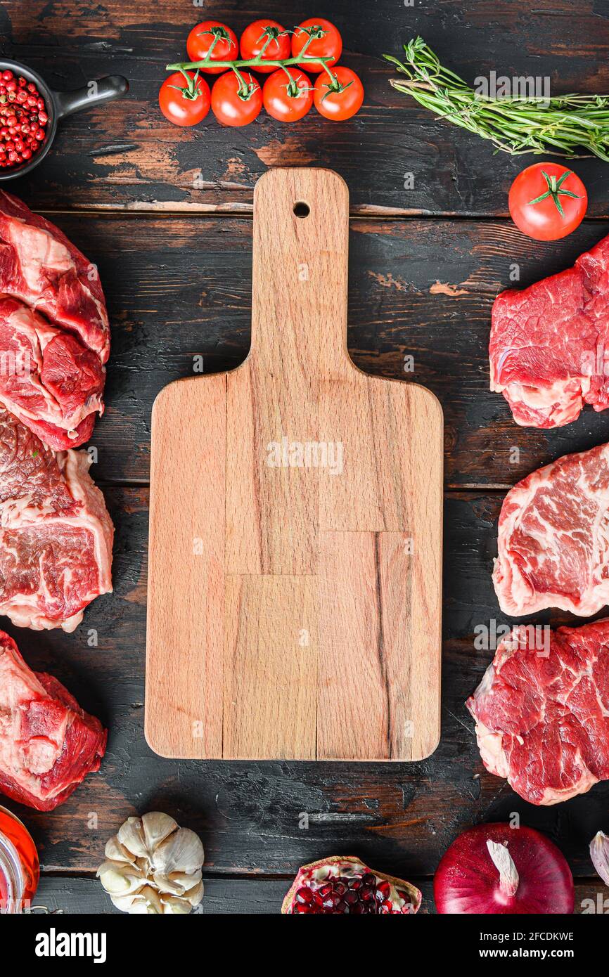 Meat beef steaks frame concept, with different steak cuts andempty ...