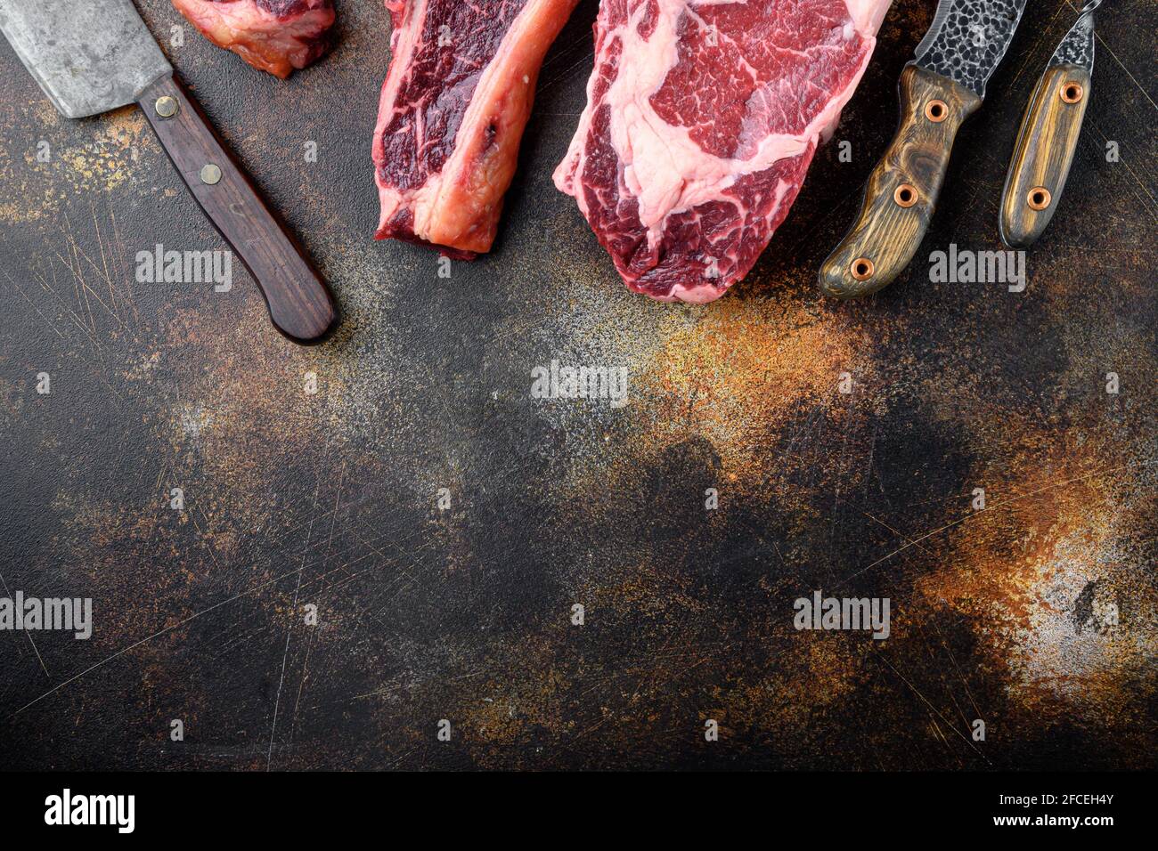 Dry aged raw beef meat set, tomahawk, t bone or porterhouse and club ...
