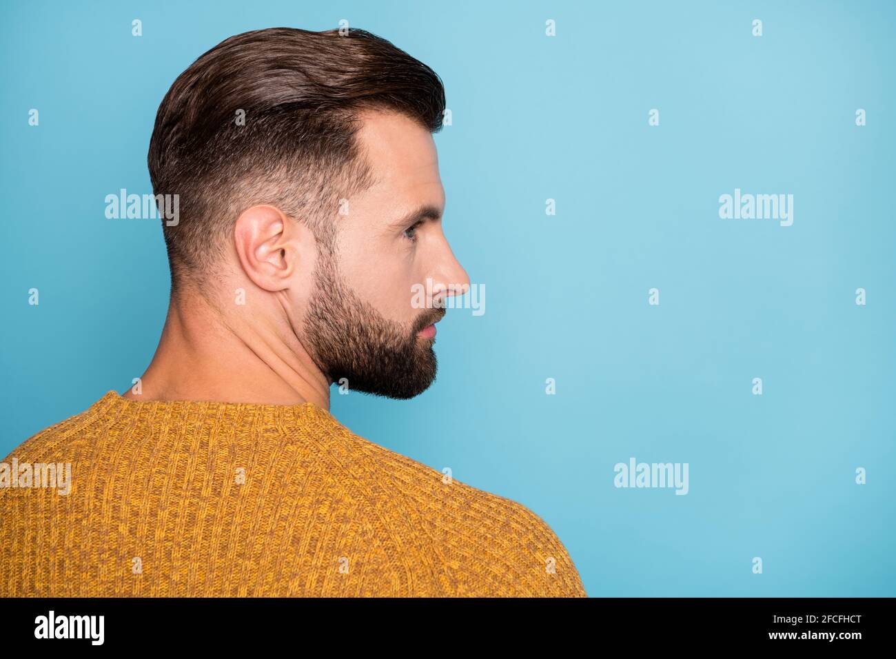 Rear back behind profile side view portrait of nice groomed guy wearing ...