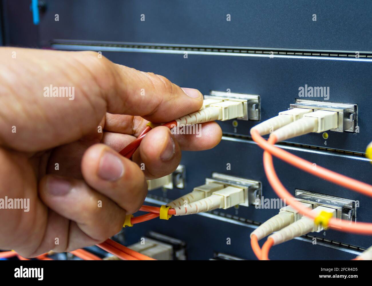 Technician connect fiber cable network to switch port in server room ...