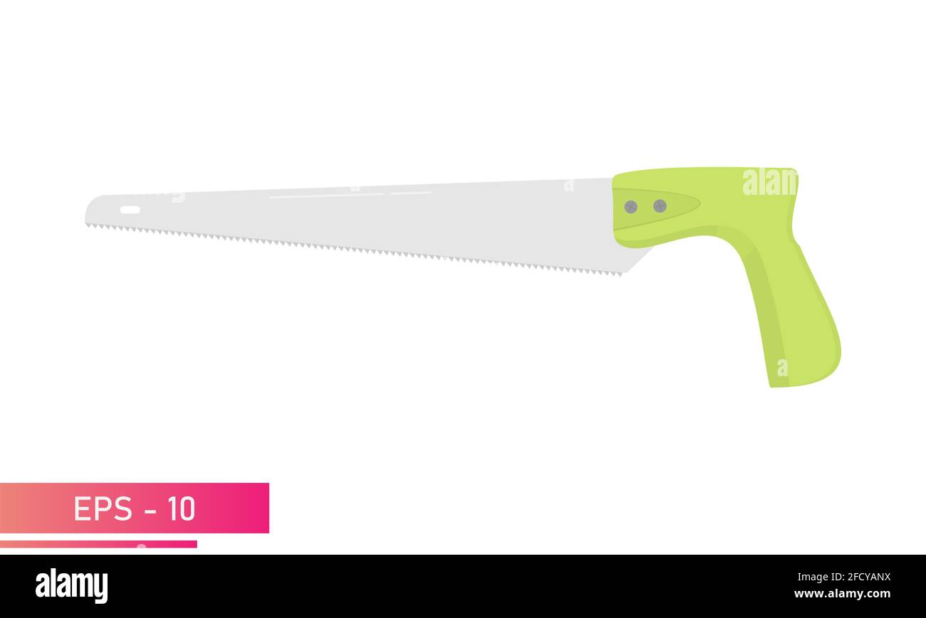 A small carpenter saw with a green handle. Realistic design. On a white ...