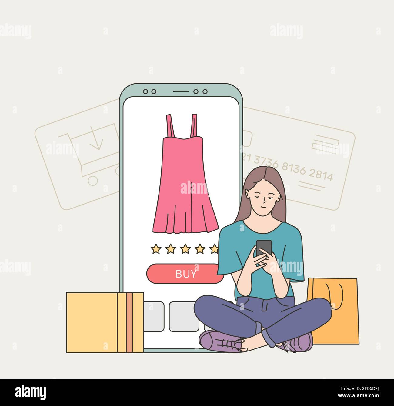 Young woman customer cartoon character buyer hold phone, making payment ...