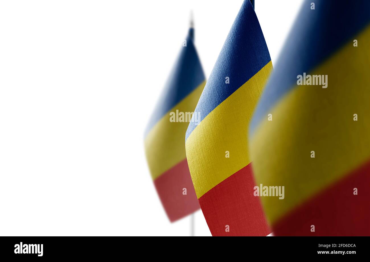 Small national flags of the Romania on a white background Stock Photo ...