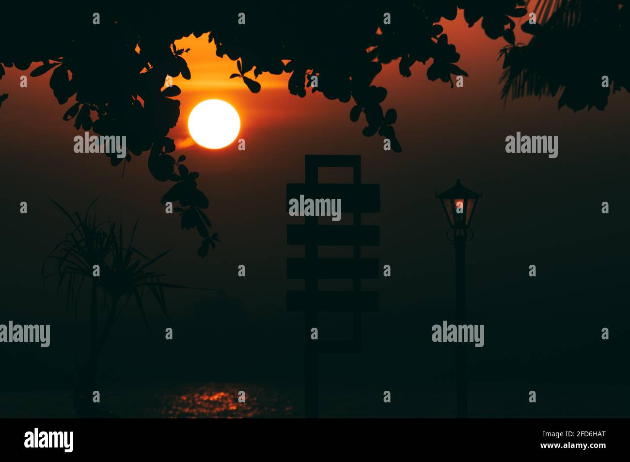 Atmospheric fog and the Rising sun early in the morning. Sign board and ...