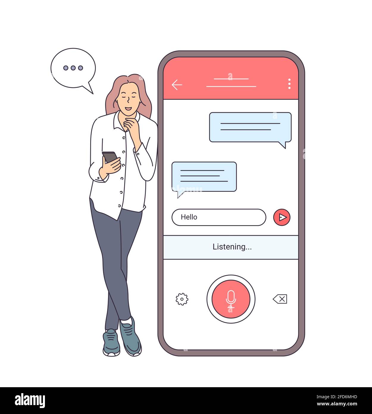 Voice recognition, speech recognition concept. Girl holding smartphone ...