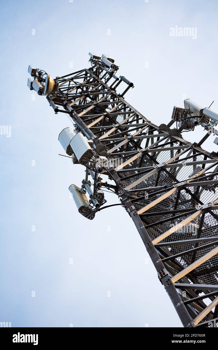 Mobile telephony base station. Metal mast structure with devices ...