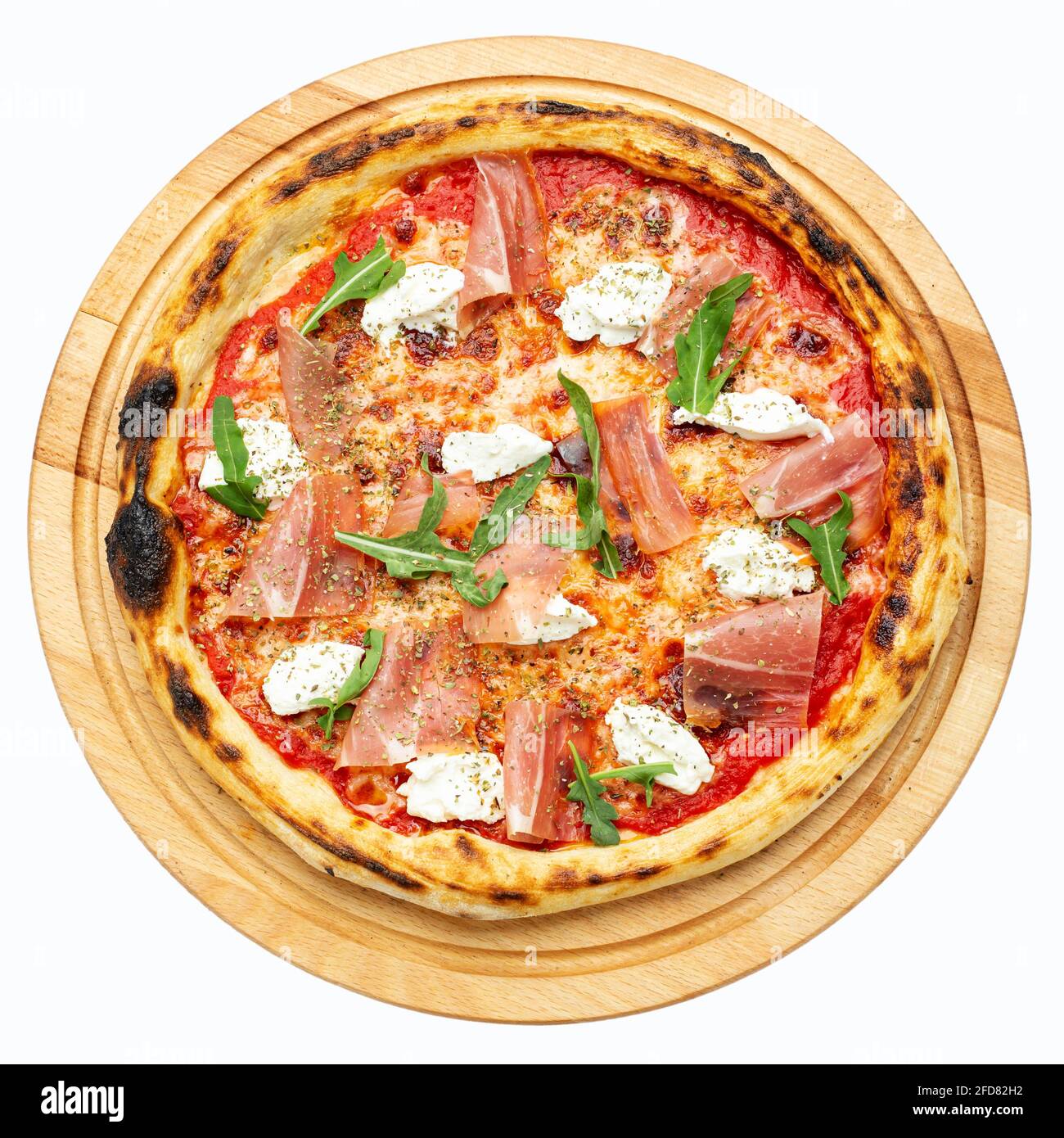 Delicious pizza served on a wooden plate isolated on a white background ...