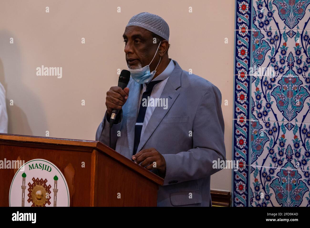 Ray Rizwan Rafeek speaks to the congregation at the Masjid Ar-Rahman ...
