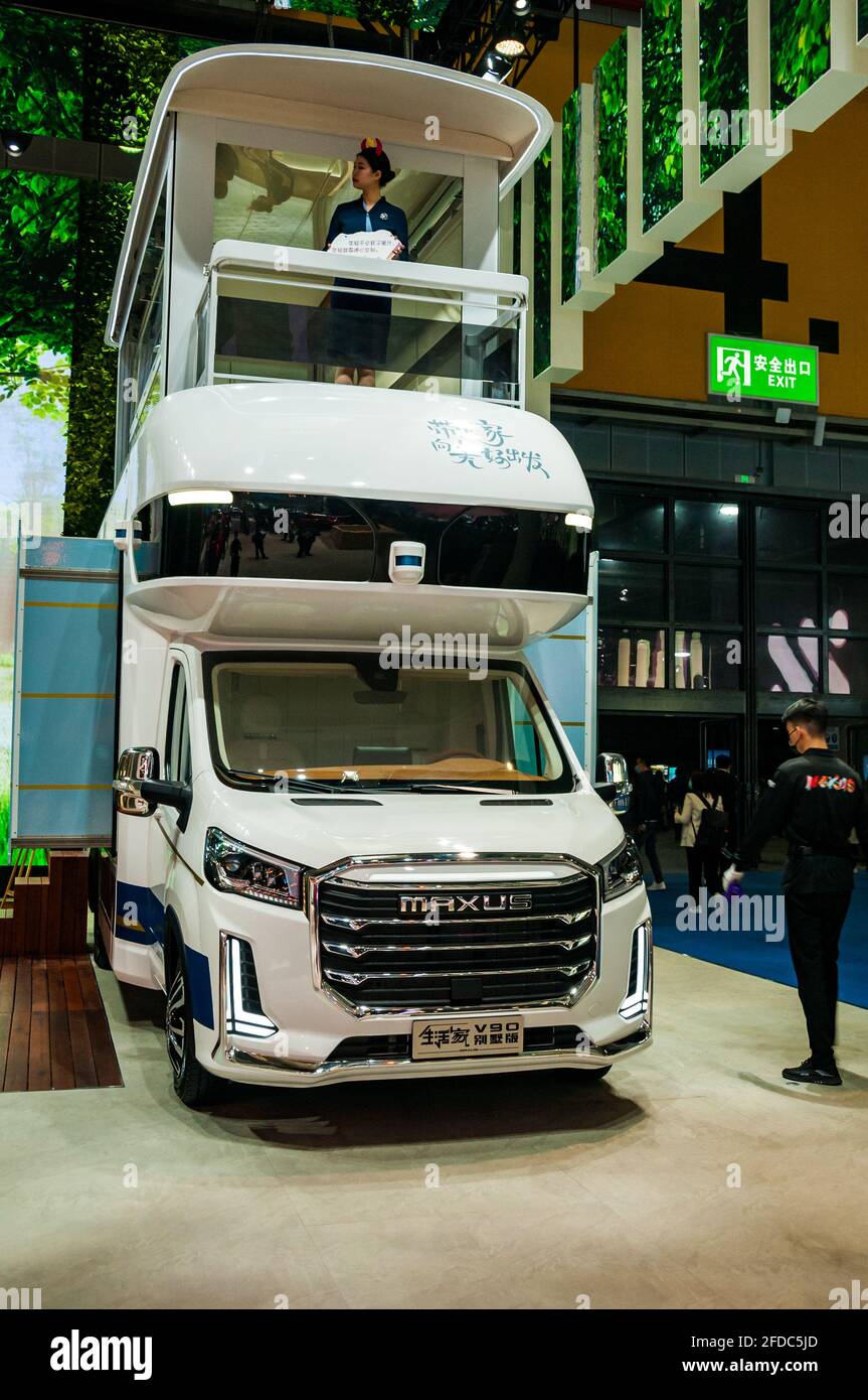 A Maxus V90 camper equipped with Lidar on display at the 2021 Shanghai ...
