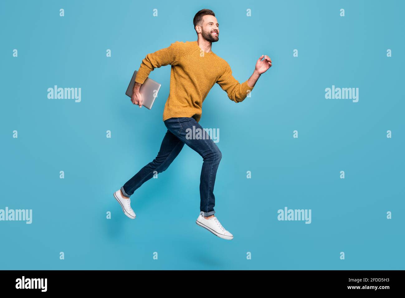 Full length body size view of nice cheerful motivated guy jumping ...