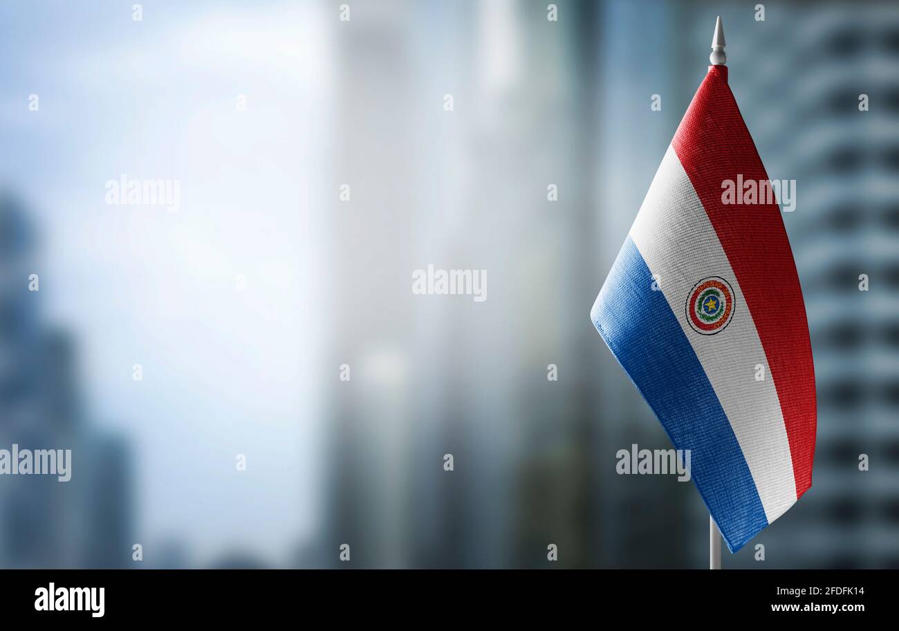 A small flag of Paraguay on the background of a blurred background ...