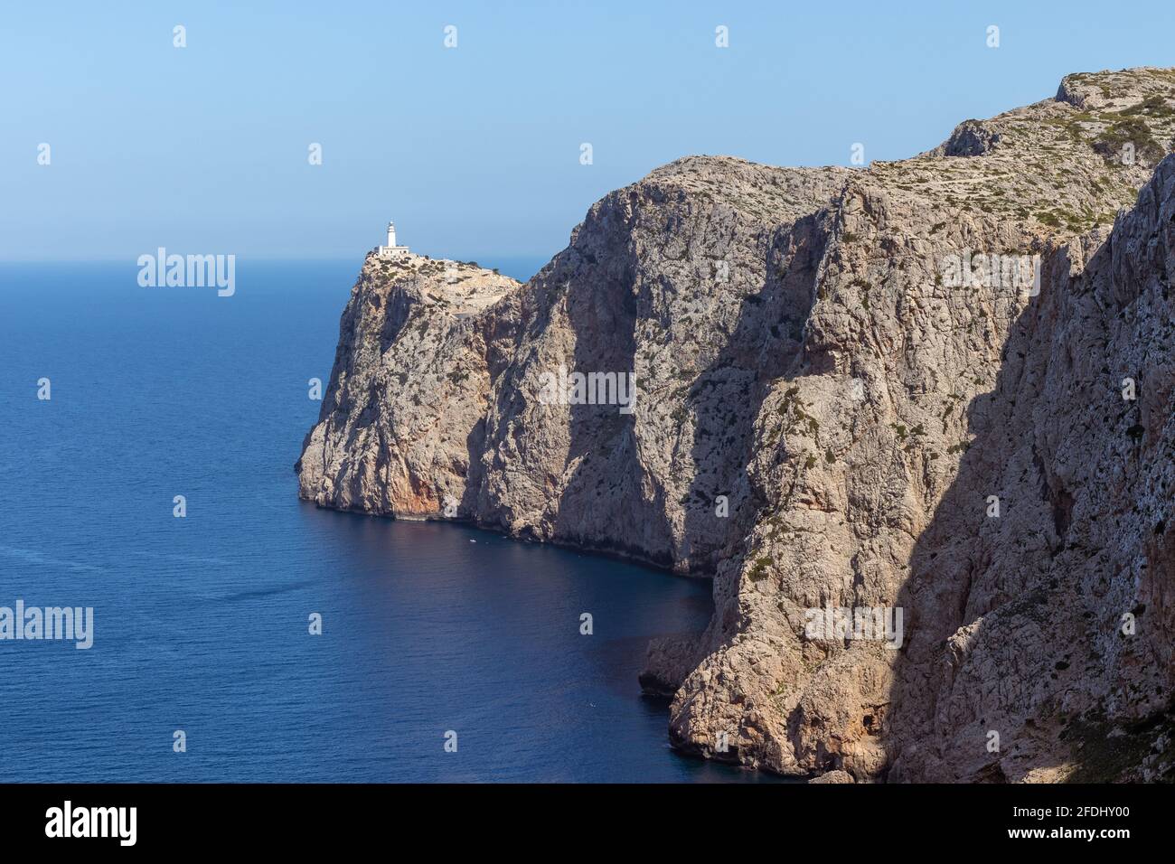 Lighthouse on Cap Formentor Cliffs leading towards the ocean, Mallorca ...