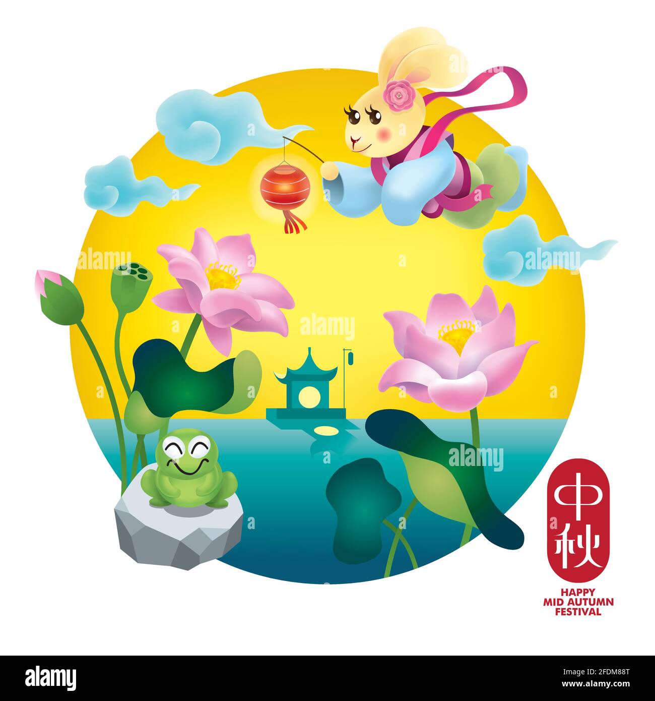 Rabbit goddess flying on a calm lake, with circular background Stock ...