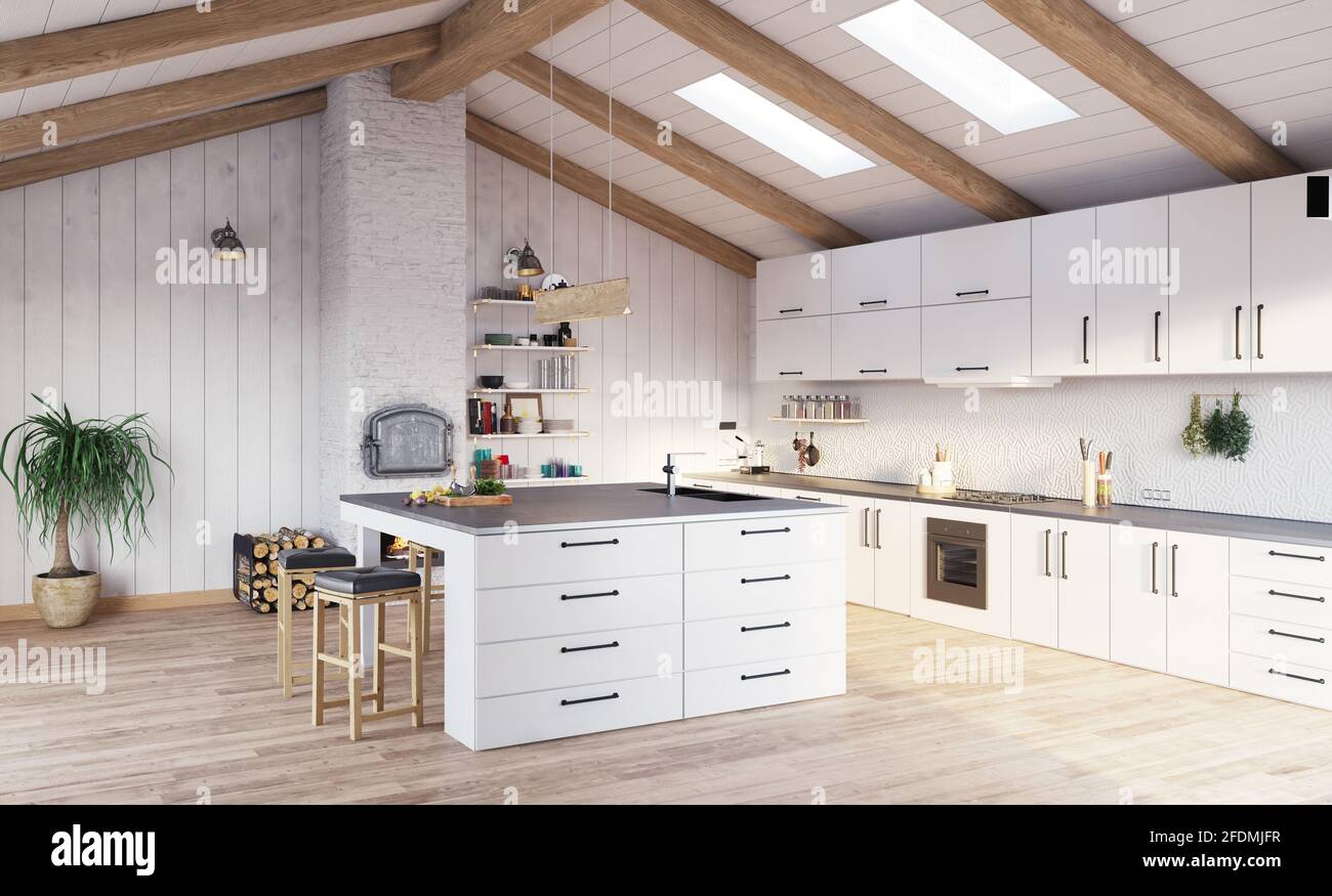modern kitchen interior. 3d rendering design concept Stock Photo - Alamy