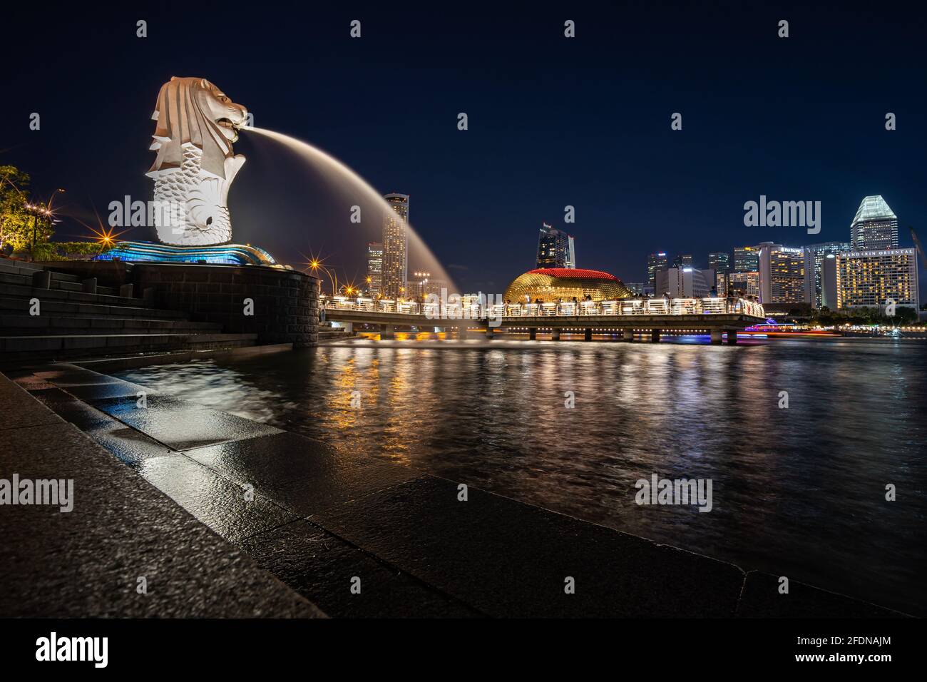 Beautiful night scene of Merlion Park with colorful lights Stock Photo ...