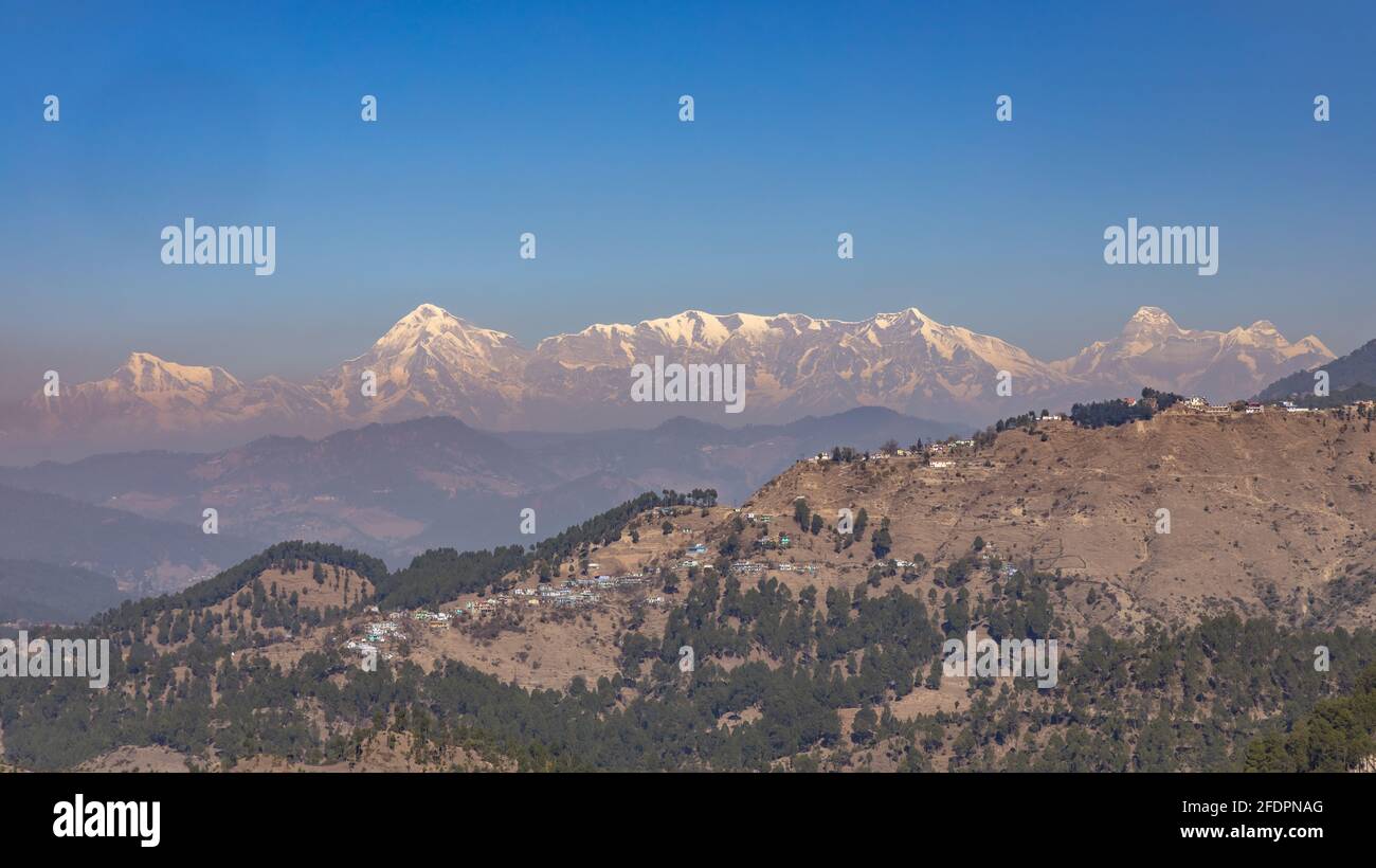 View of the snow covered Himalayan peaks of the Nanda Devi mountain ...