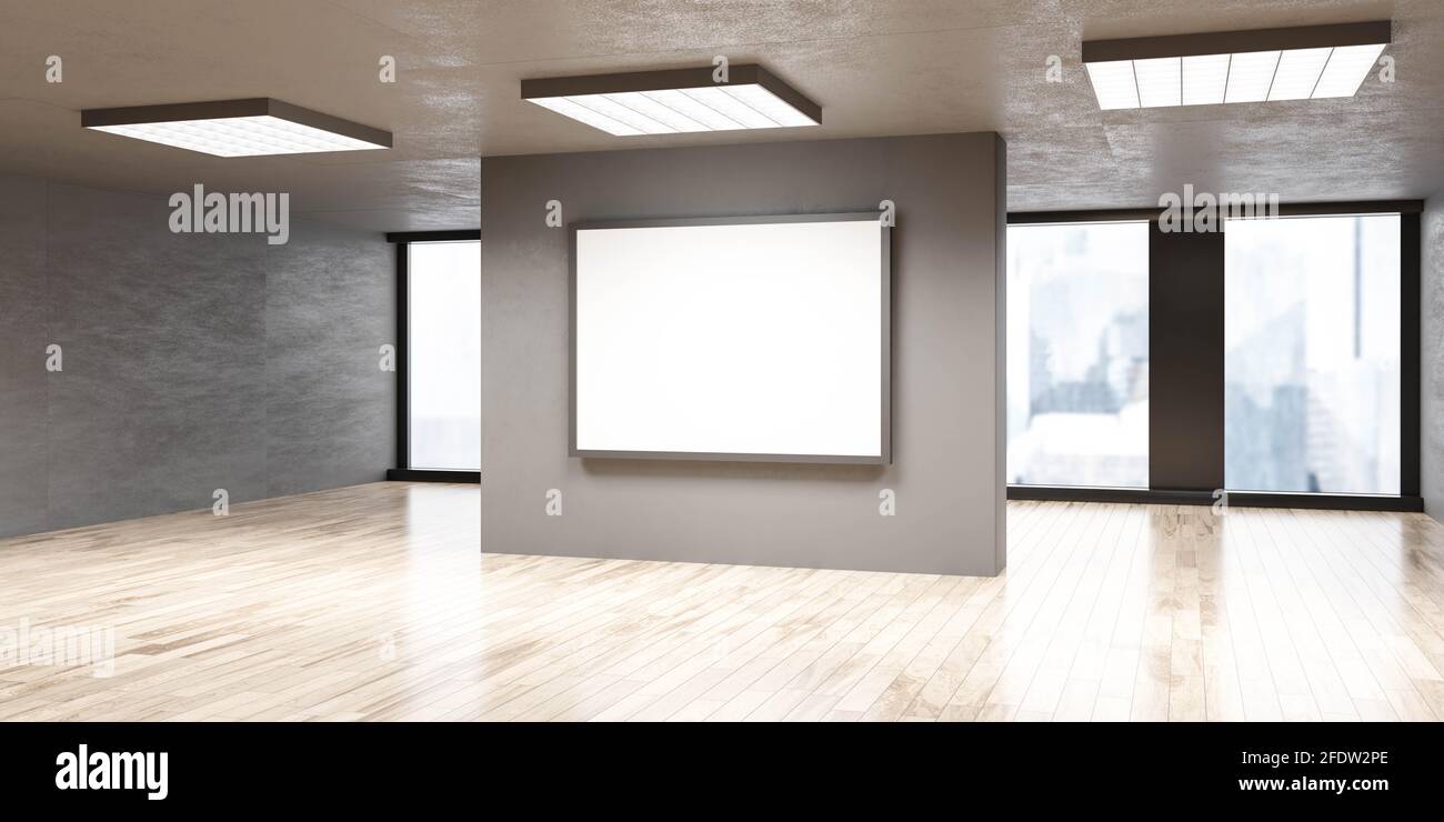 empty blank wall in bright big office big windows with city urban view ...