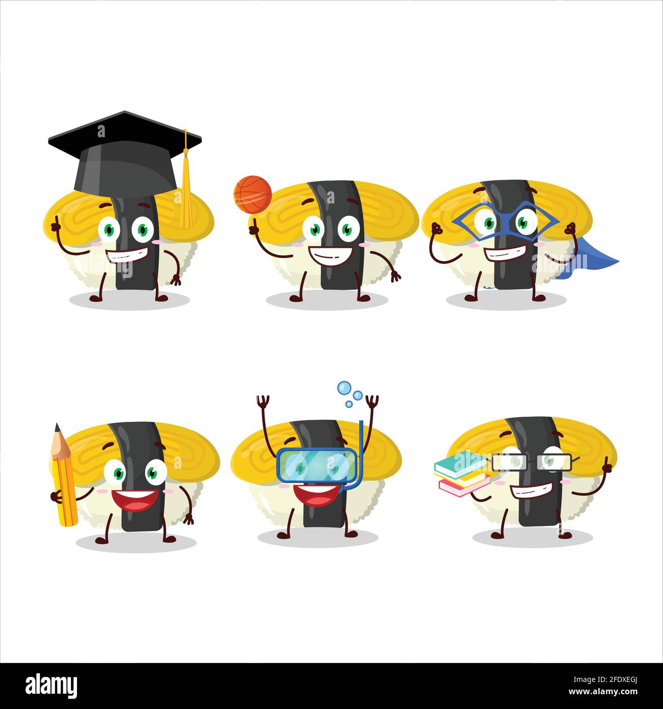 School student of tamago sushi cartoon character with various ...