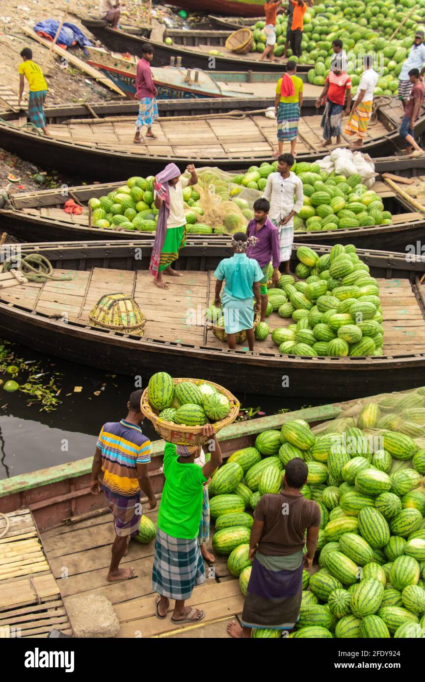 Watermelon uploading from the boat Stock Photo - Alamy