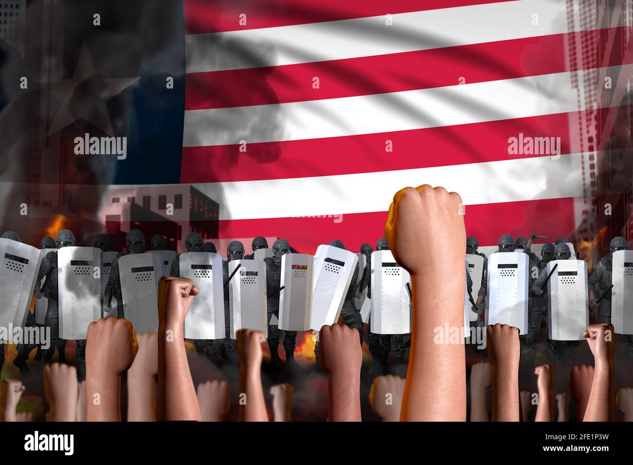 revolt fighting concept - protest in Liberia on flag background, police ...
