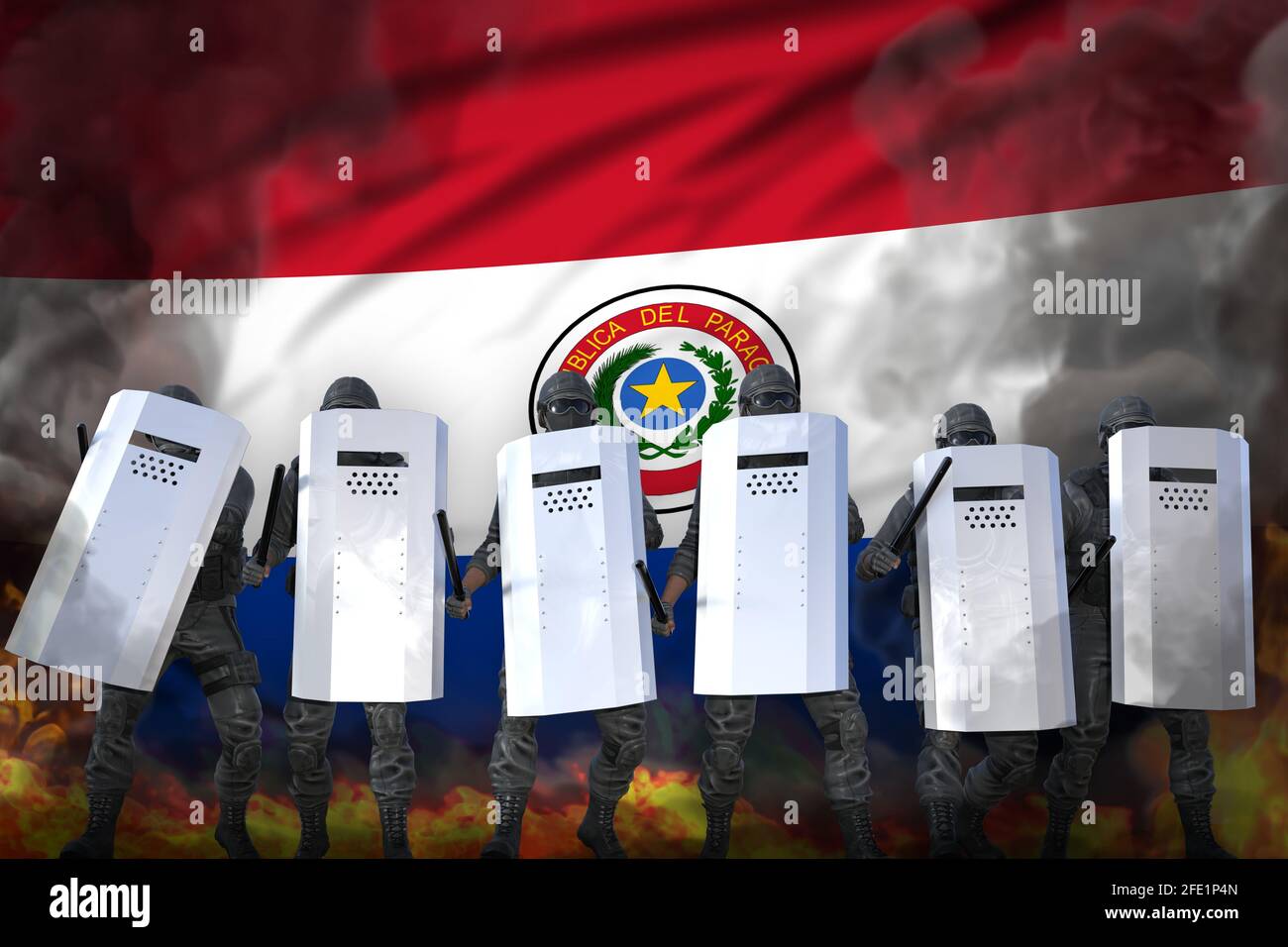 Paraguay protest fighting concept, police squad protecting peaceful ...