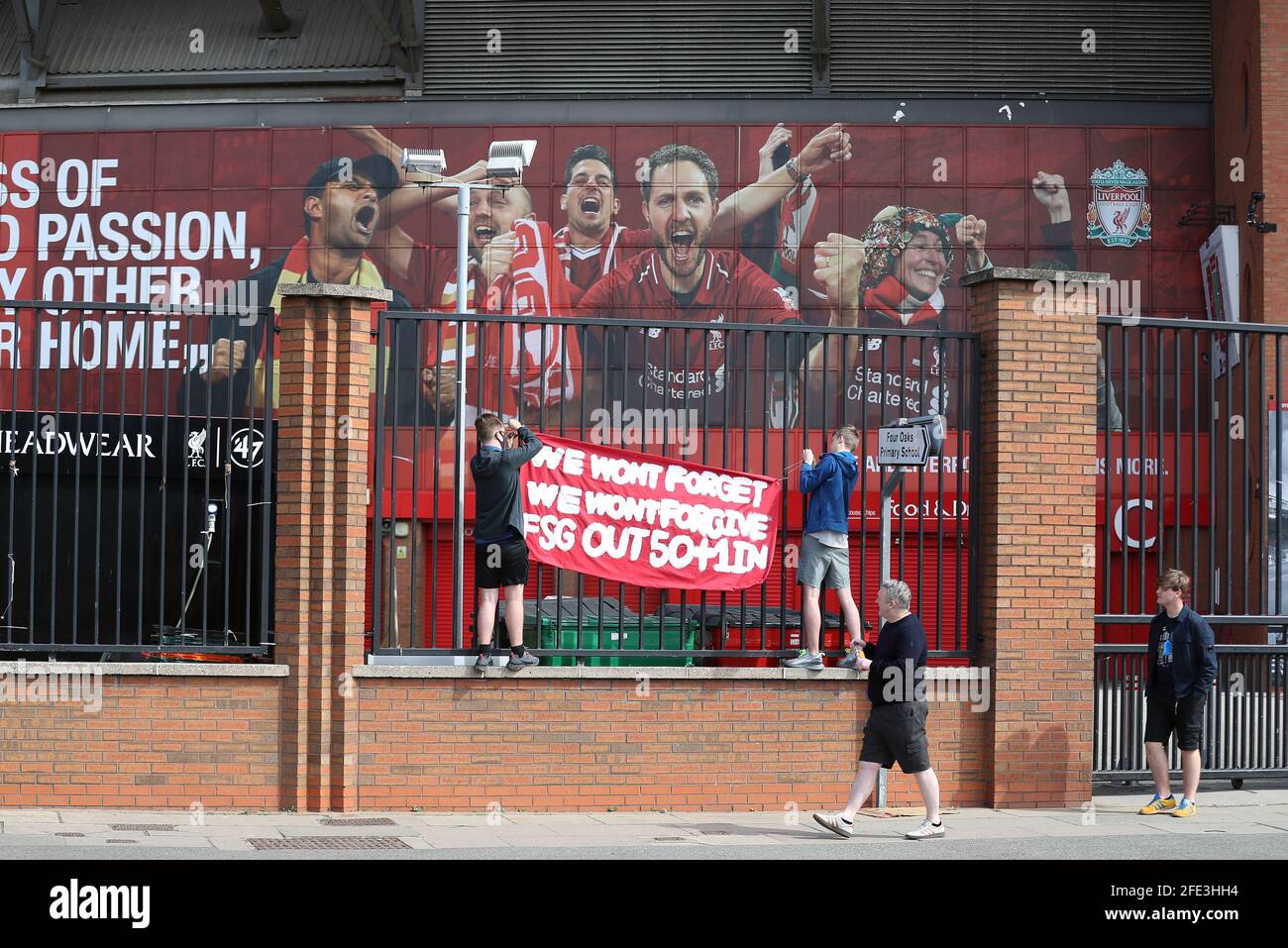 Liverpool fans protest against the clubs owners outside of Anfield ...