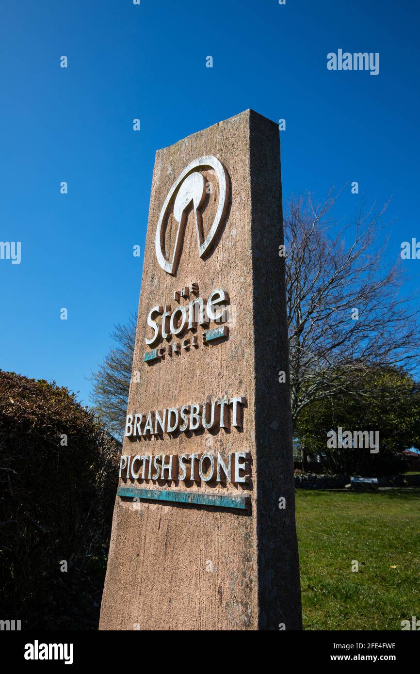 The sign for the Brandsbutt symbol Stone, an ancient Pictish carved ...