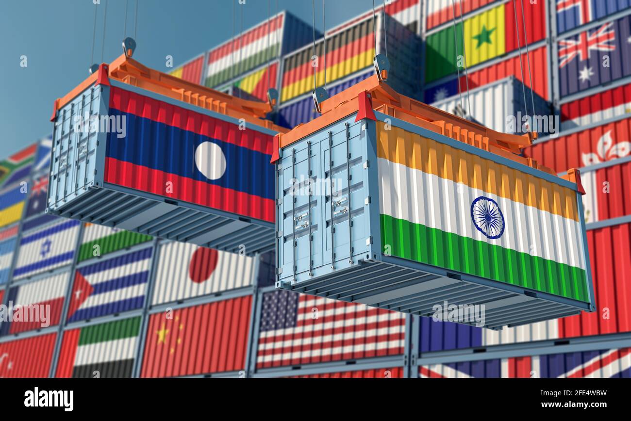 Freight containers with Laos and India national flags. 3D Rendering ...
