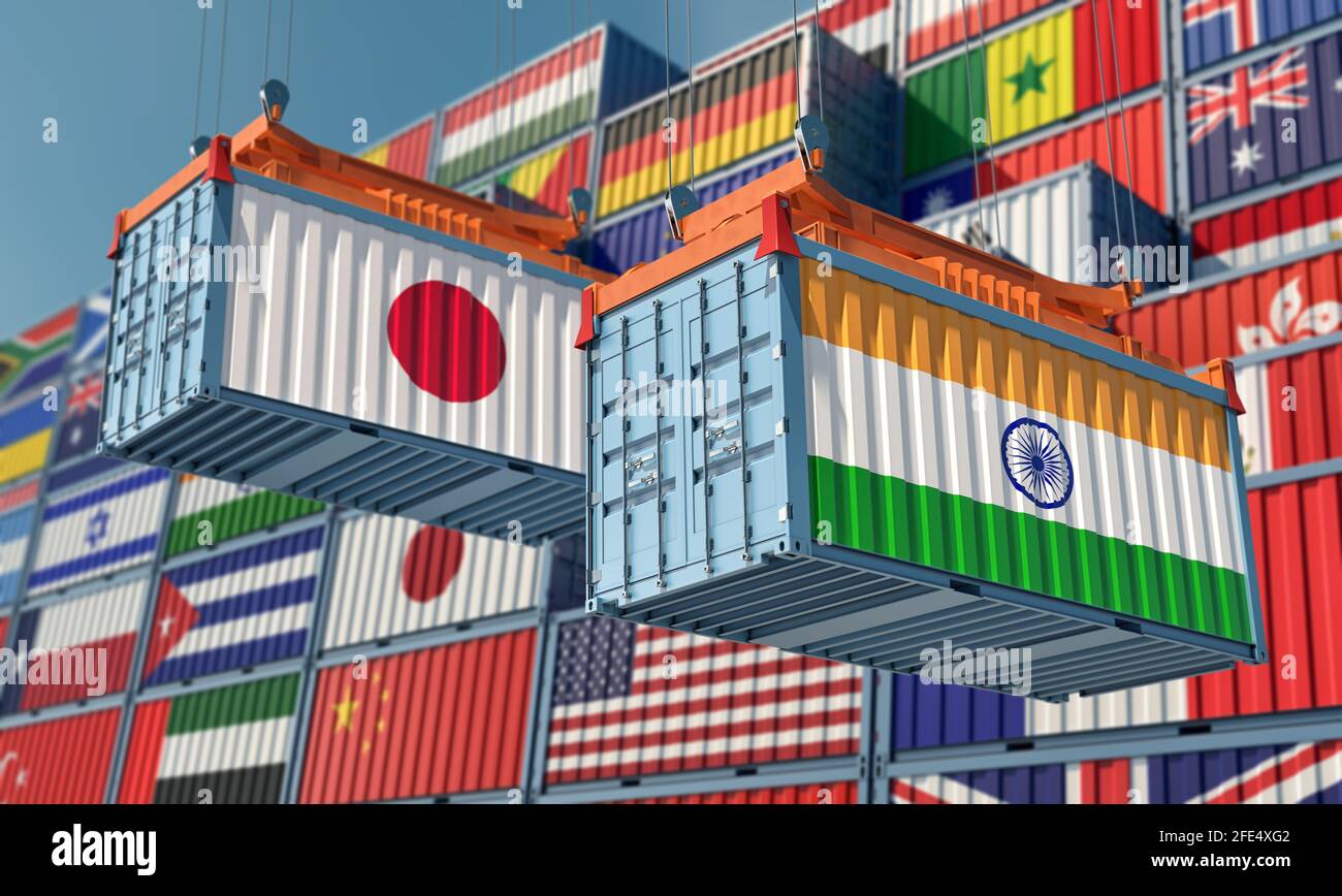 Freight containers with Japan and India national flags. 3D Rendering ...