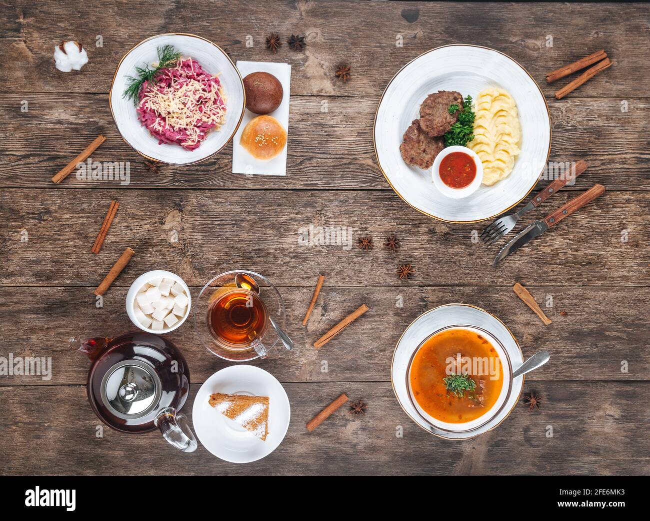 Wooden table served with russian dishes for lunch Stock Photo - Alamy