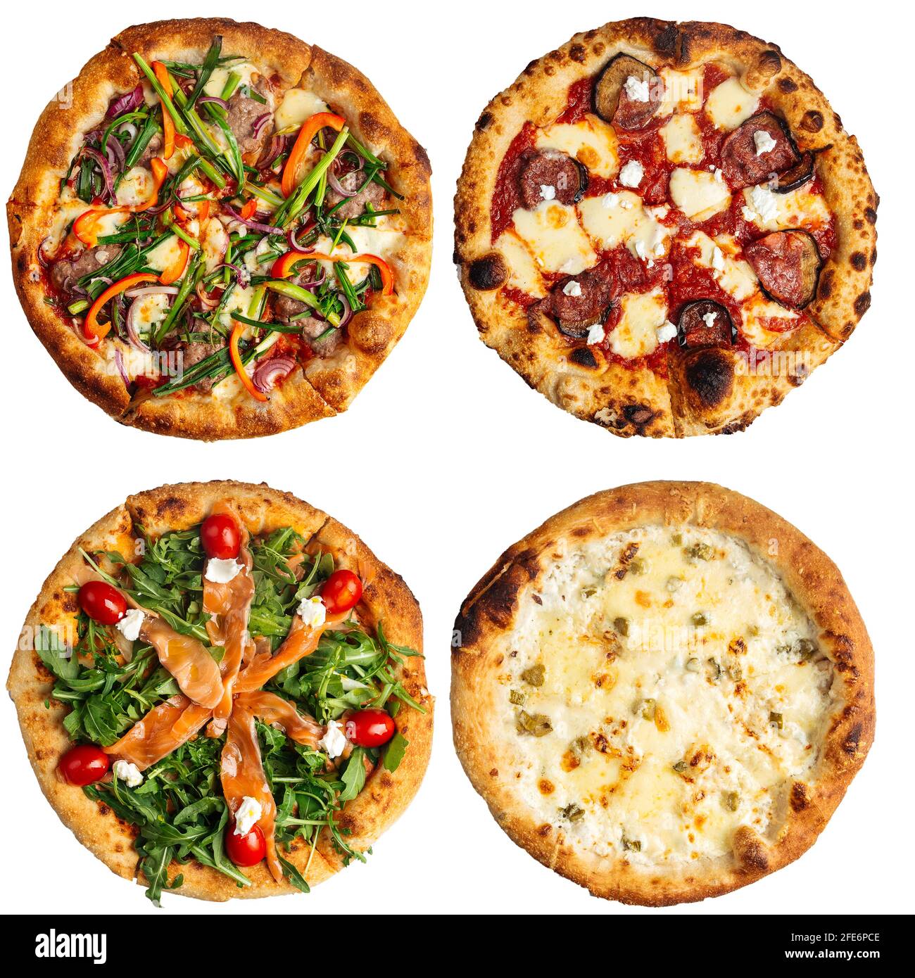 Isolated many different pizza menu design collage Stock Photo - Alamy