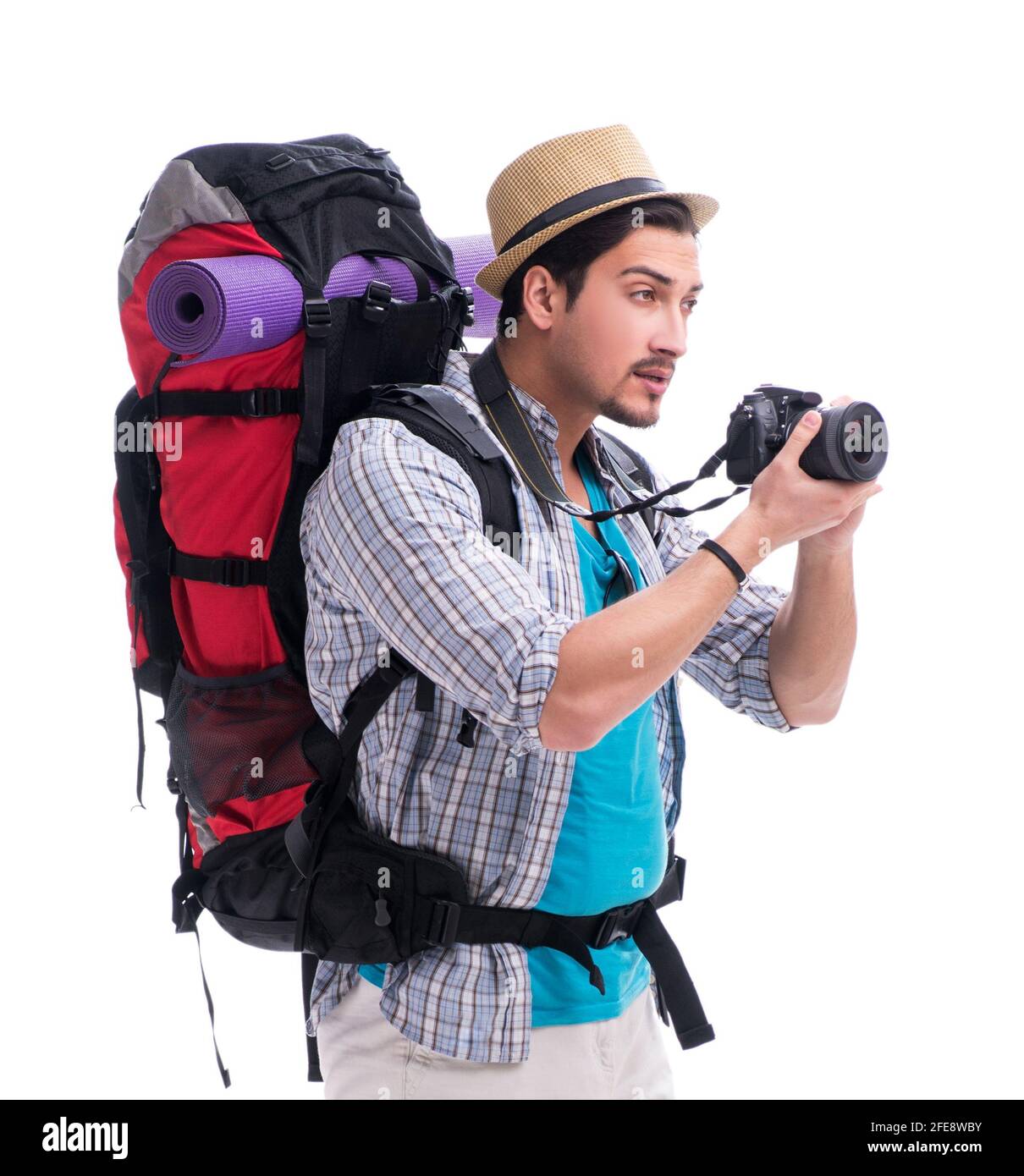 The backpacker with camera isolated on white background Stock Photo - Alamy