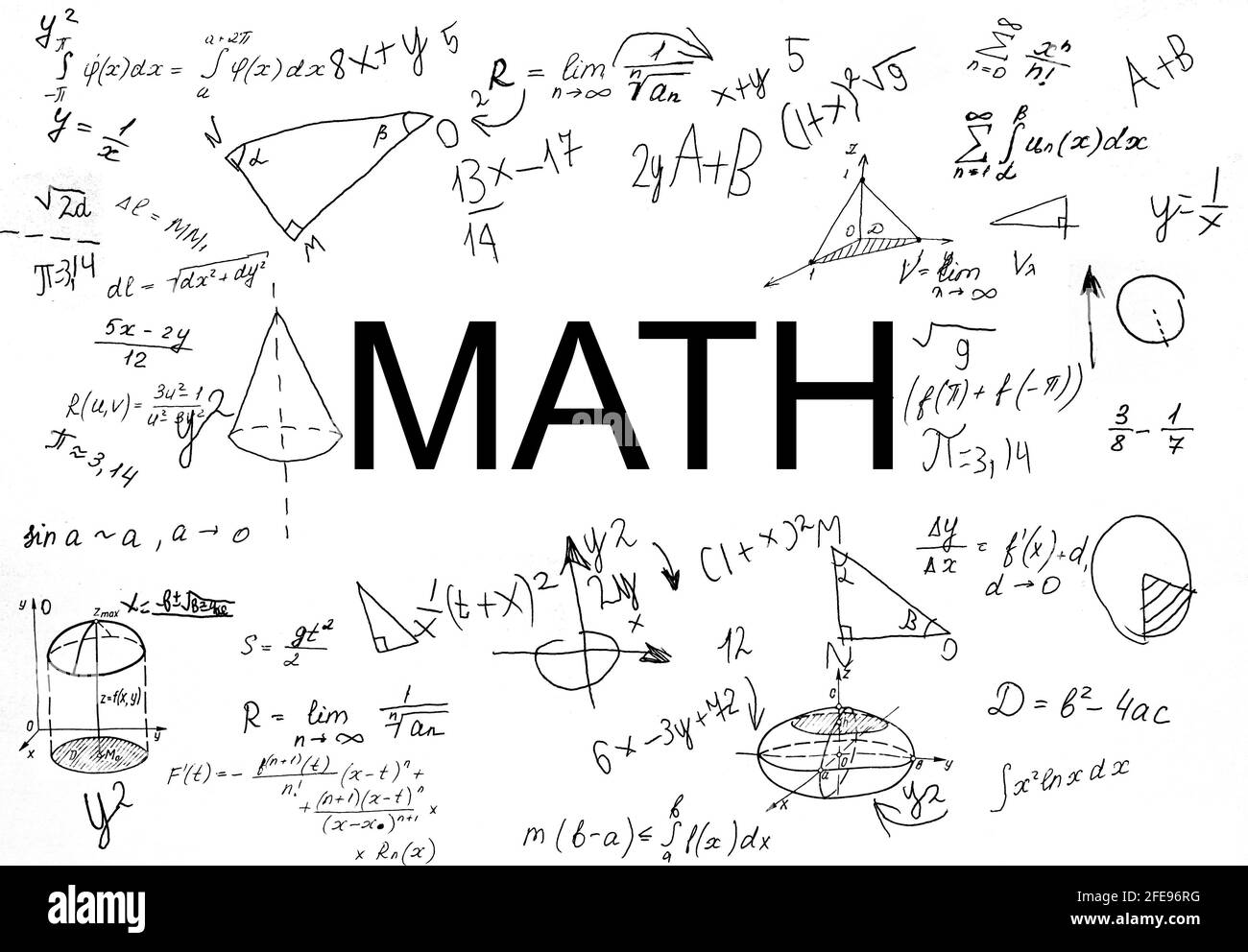 Background with hand written geometry formulas and geometric shapes and ...