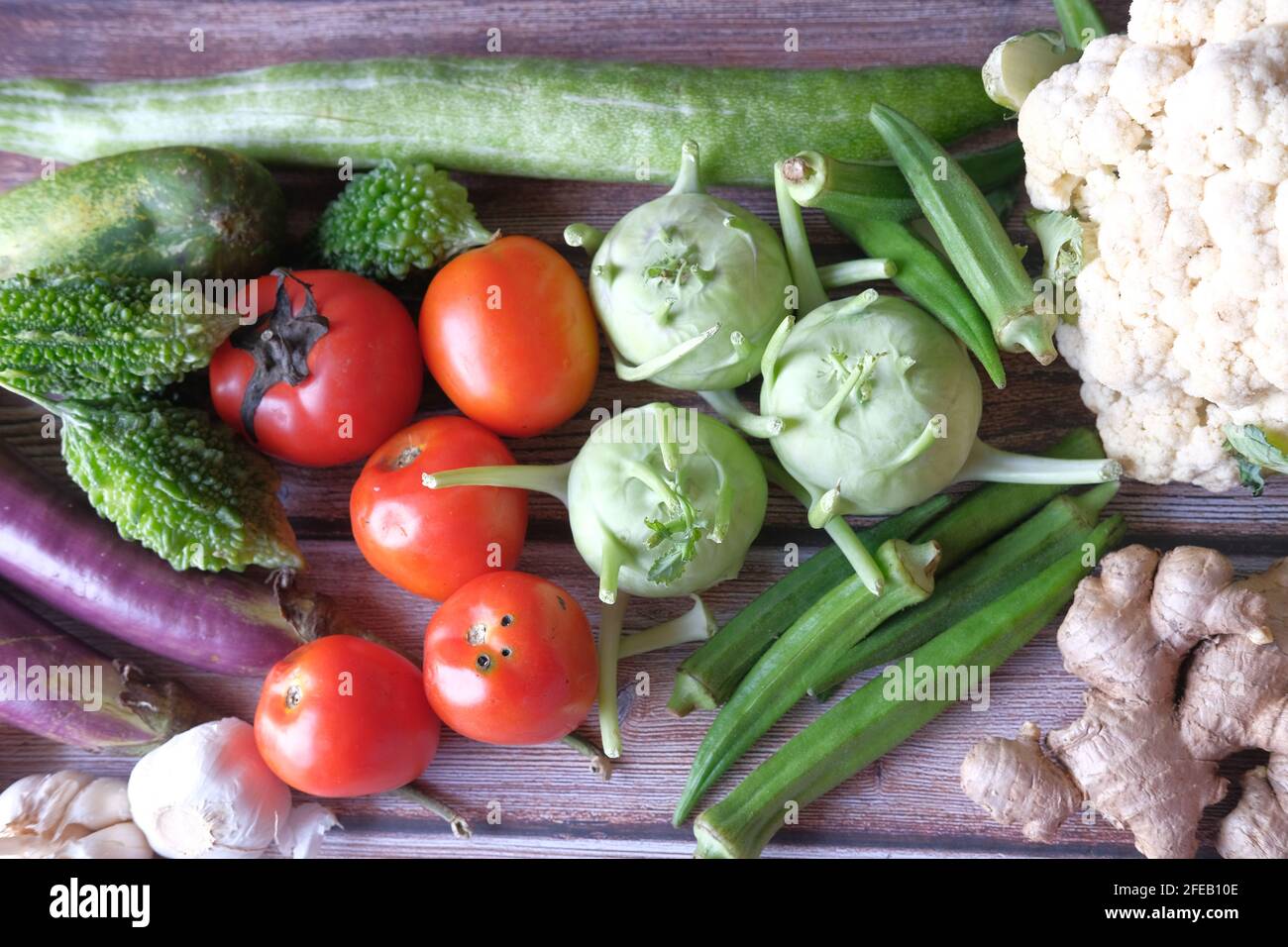 Healthy food selection with fresh vegetables on table with copy space ...