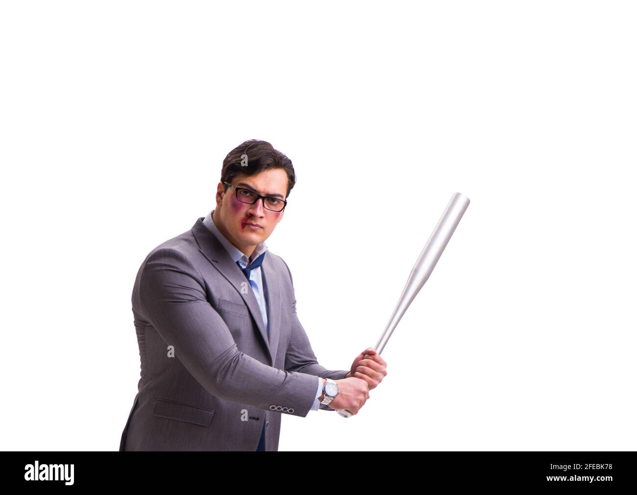 The businessman with baseball bat isolated on white Stock Photo - Alamy