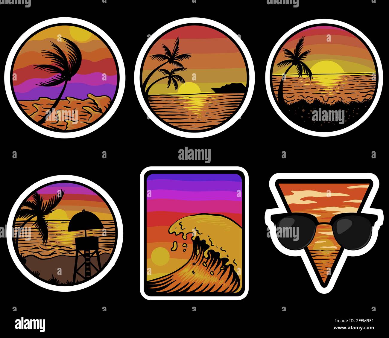 Beach sunset Retro Stickers vector illustration Stock Vector Image ...