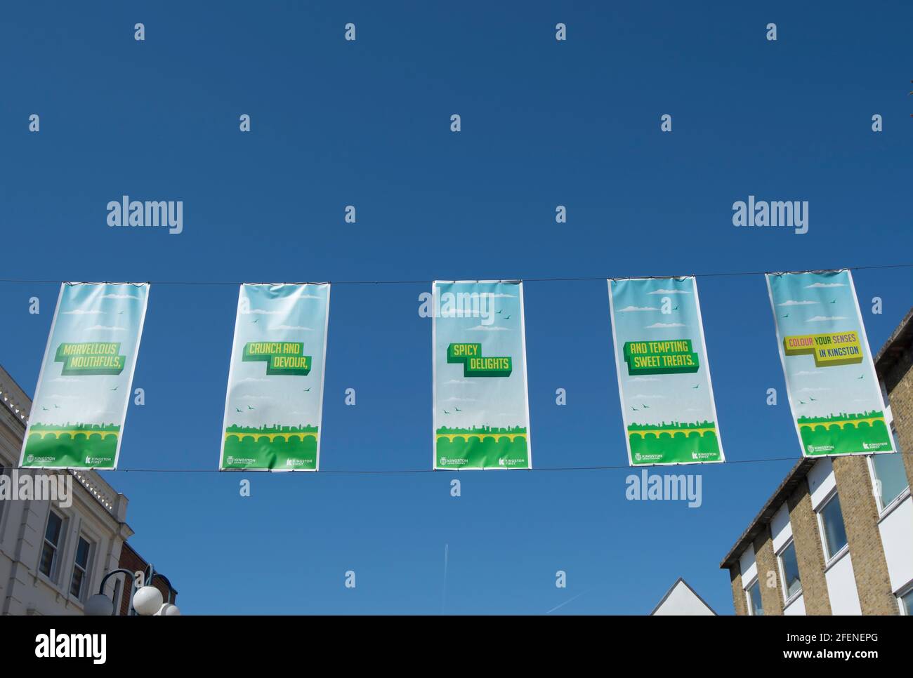 hanging banners promoting kingston upon thames, surrey, england ...