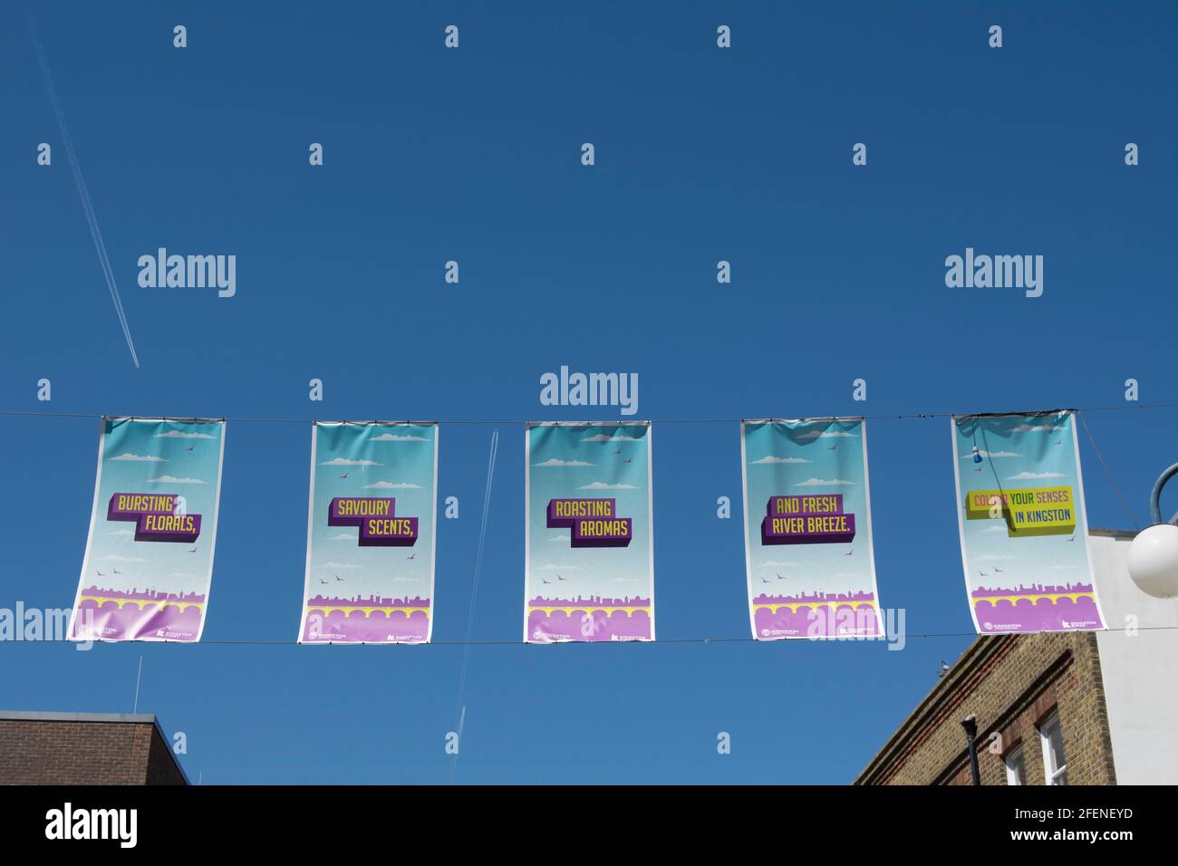 hanging banners promoting kingston upon thames, surrey, england ...