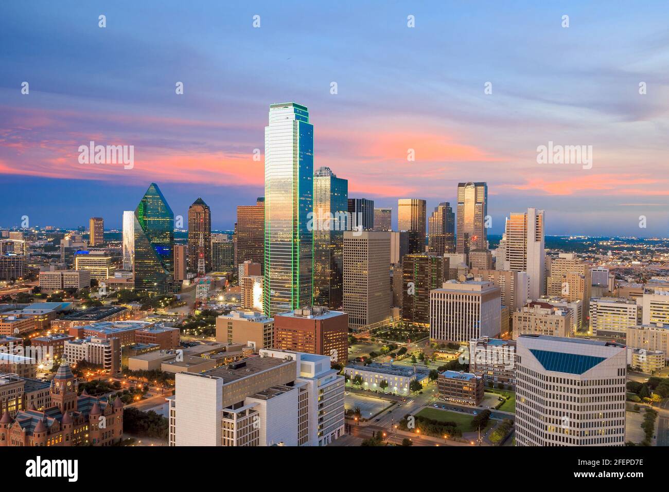 Dallas, Texas cityscape with blue sky at sunset, Texas Stock Photo - Alamy