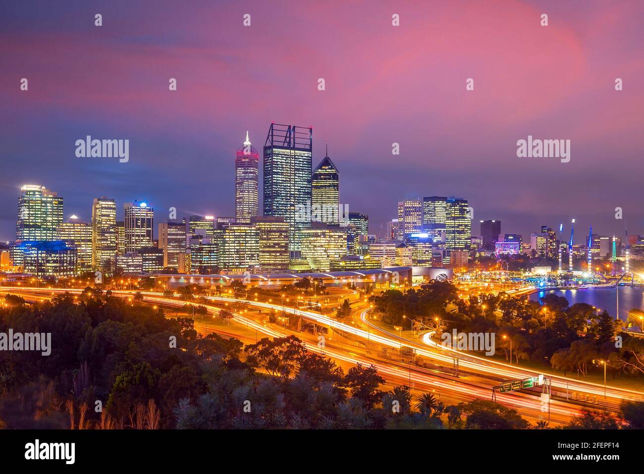 Downtown Perth skyline in Australia at twilight Stock Photo - Alamy