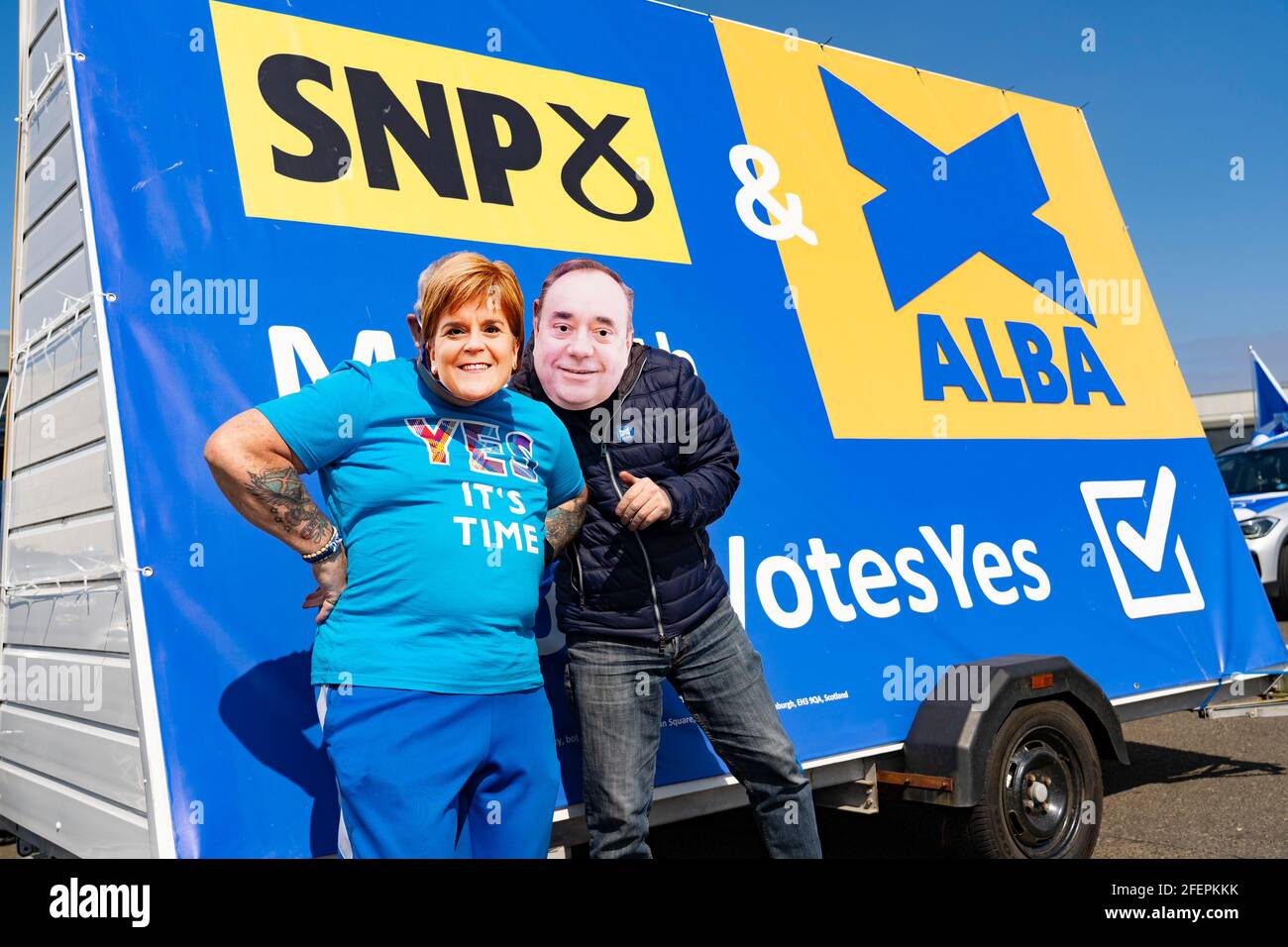 Edinburgh, Scotland, UK. 24 April 2021. Campaigners for the SNP party ...