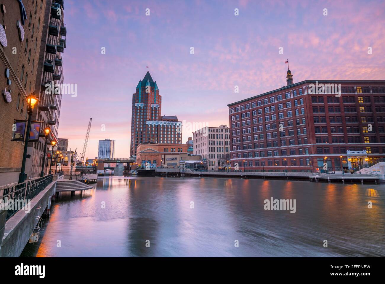 Downtown skyline with Buildings in Milwaukee at twilight, in Wisconsin ...