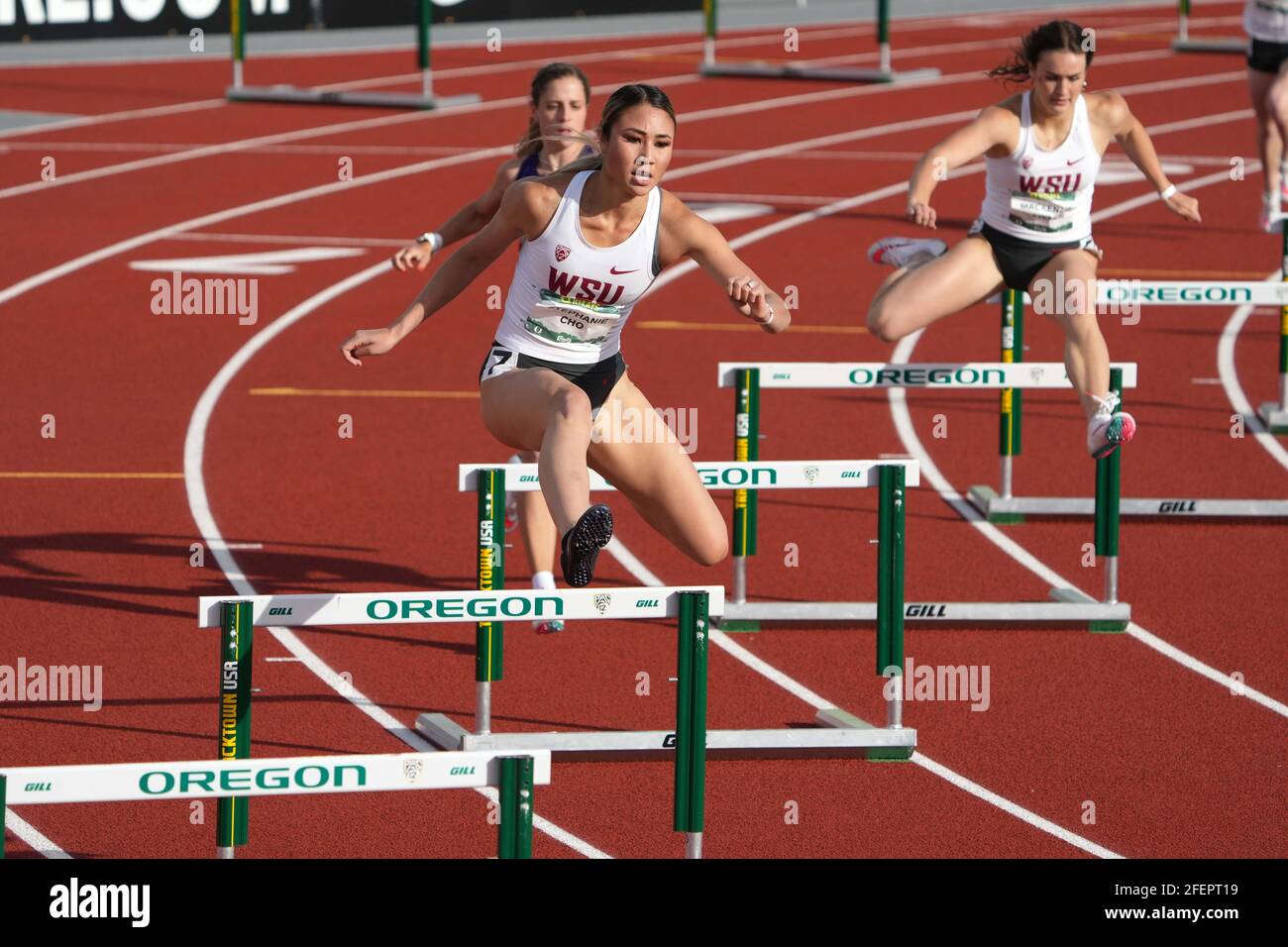 Stephanie Cho of Washington State wins the women's 400m hurdles in 59. ...