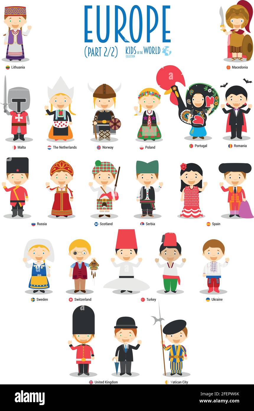 Kids and nationalities of the world vector: Europe Set 2 of 2. Set of 22 characters dressed in ...