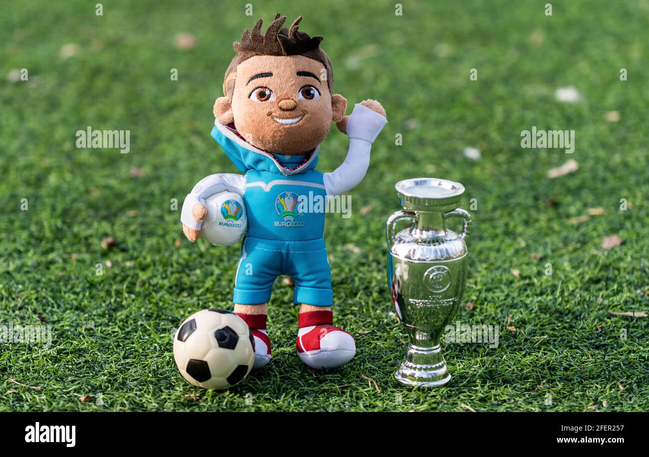 April 16, 2021 Moscow, Russia. Soft toy mascot of the European Football ...