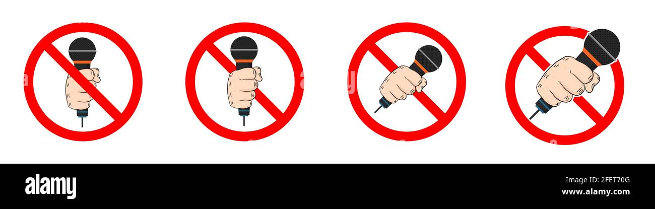 No Mic allowed. Mic ban icons set. Microphone is prohibited. Stop or ...