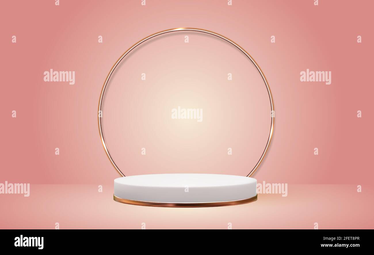 White 3d pedestal background with Golden Glass Ring Frame for cosmetic ...