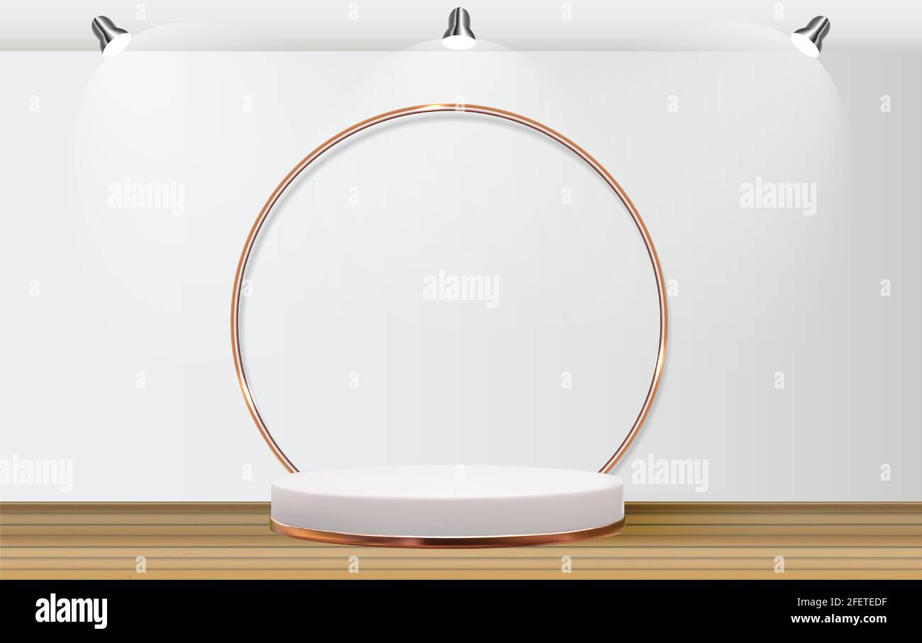 White 3d pedestal background with Golden Glass Ring Frame for cosmetic ...