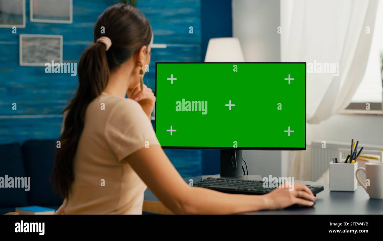 Business woman searching marketing information on internet using ...