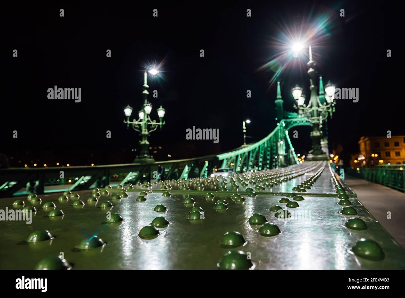 Old Iron Bridge at night in the light of streetlights across the Danube ...